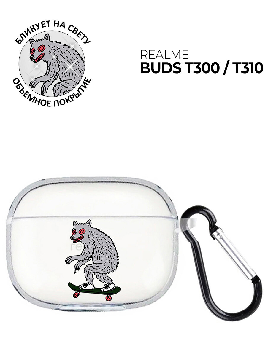 Чехол на Realme Buds T300 / T310 с принтом "Волк-неформал" прозрачный