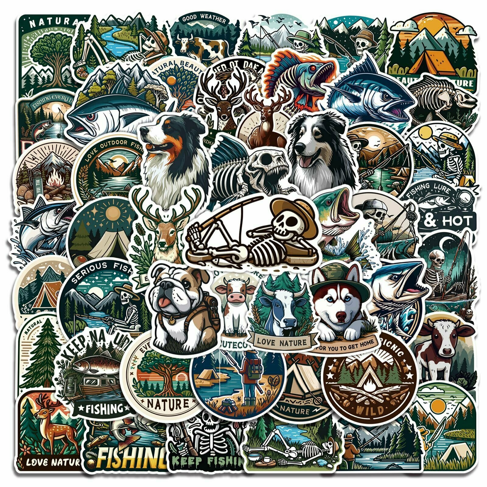 50 шт. наклеек для кемпинга и рыбалки на открытом воздухе, водонепроницаемые виниловые наклейки для багажа, кружек, рыболовных снастей и альбомов с дизайнами приключений на тему природы и дикой природы