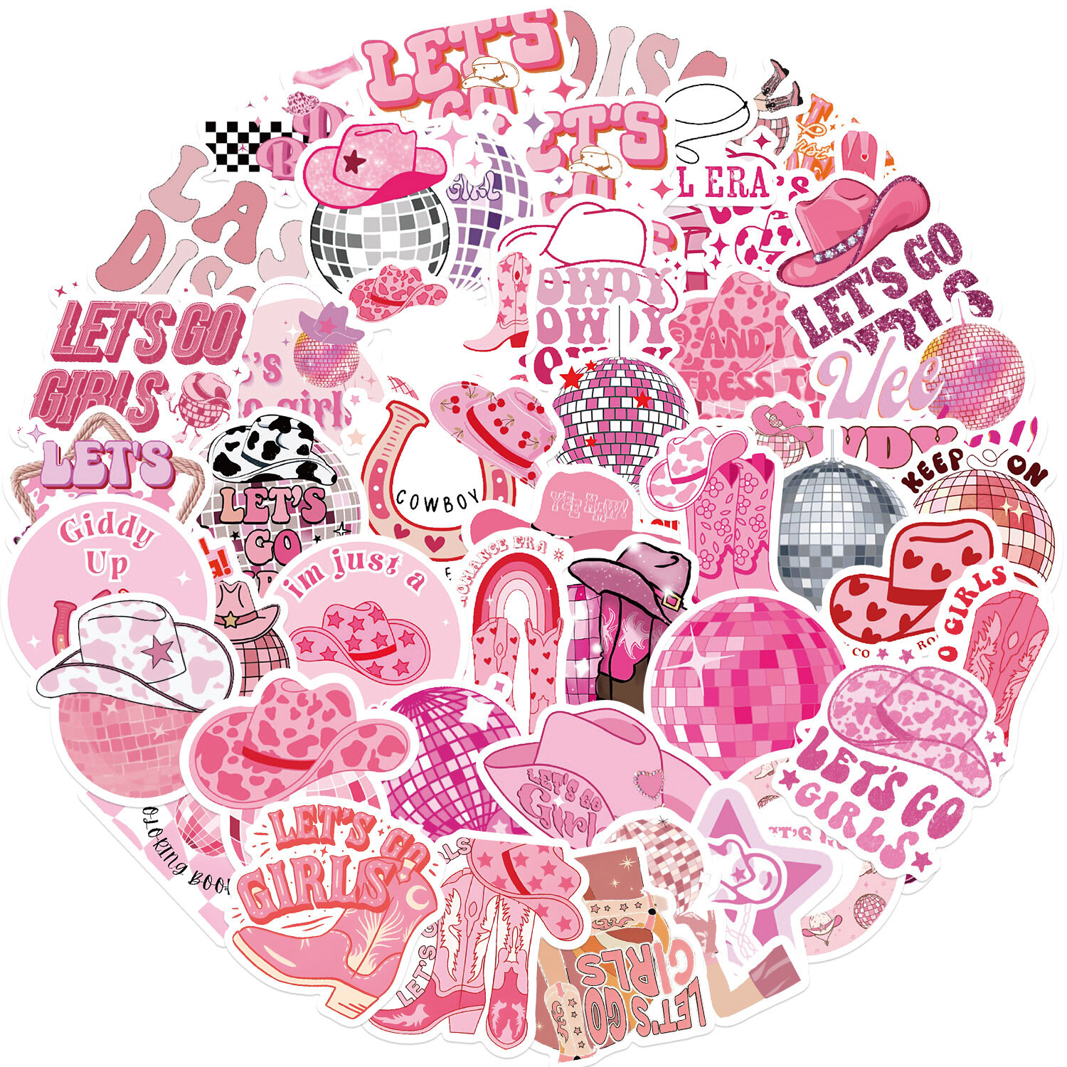 Набор из 50 розовых наклеек с изображением девушки-ковбоя для подростков и девочек. Милый набор виниловых наклеек в стиле вестерн с элементами диско, сапогами, шляпами. Водонепроницаемые съёмные наклейки для ноутбука, альбома, чемодана, гитары и друг