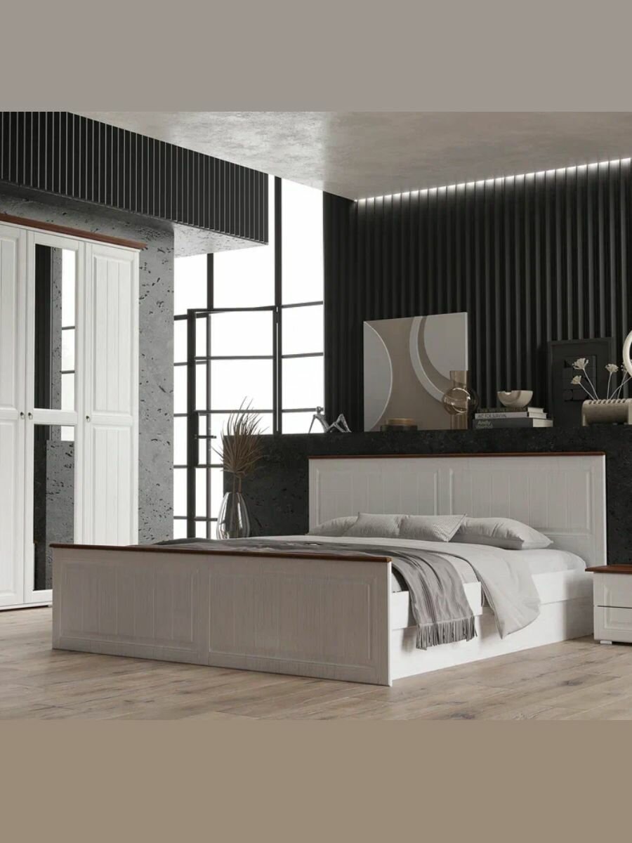 Кровать двуспальная Валенсия 1,6 1750х1000х2037, Белый матовый/Белое дерево/Орех, МИФ