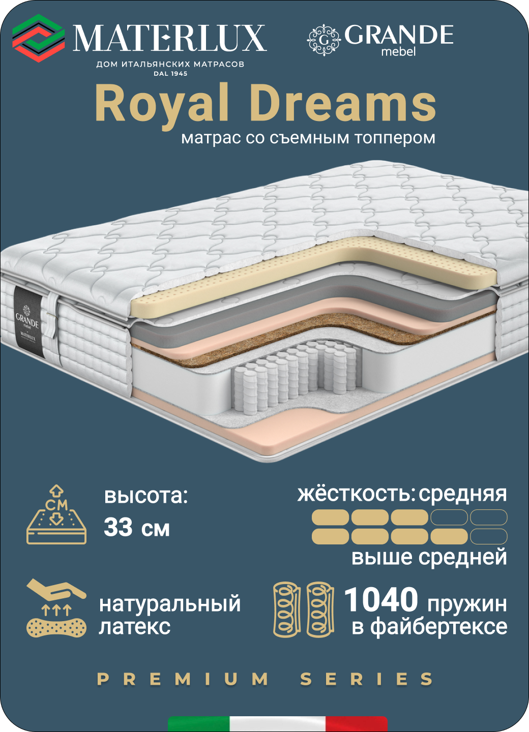 Матрас Materlux Royal Dreams 180х200 см, итальянское производство, съёмный топпер из Латекса, VIP-сатин, пружинный