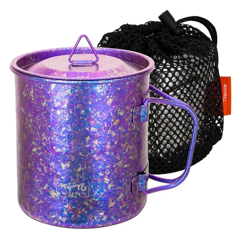 Тактический титановый стакан для воды 2 в 1 camping cup 450 мл, с крышкой и складной ручкой, подходит для кемпинга, рыбалки, охоты и пеших походов