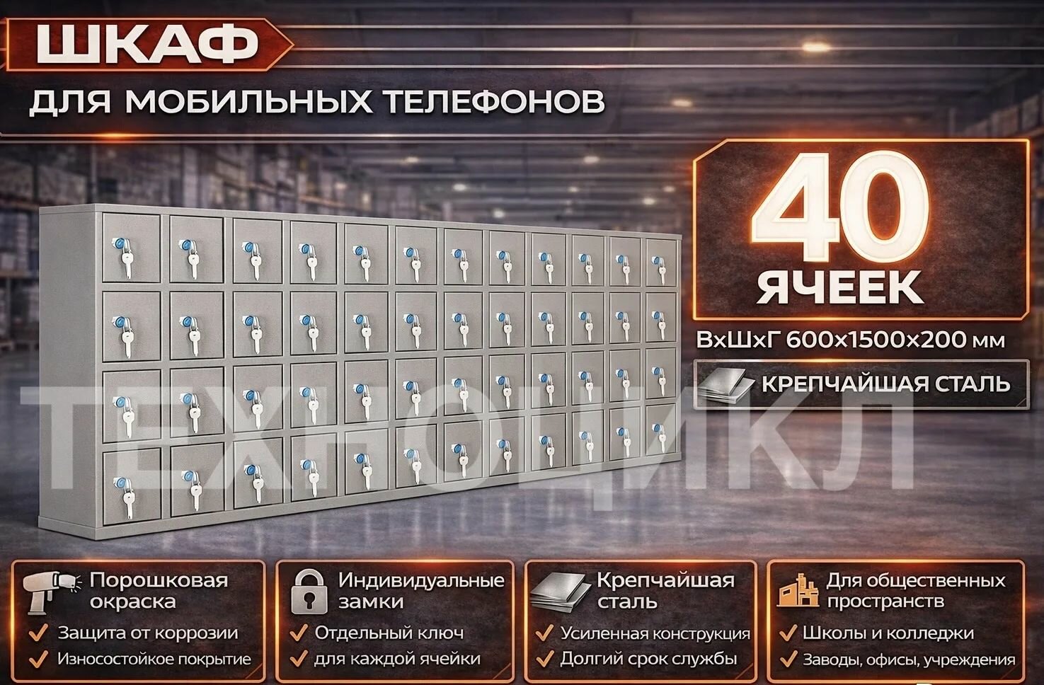 Шкаф с ячейками для мобильных телефонов ЯТ-3 600х1500х200, 40 индивидуальных ячеек, техноцикл металлический