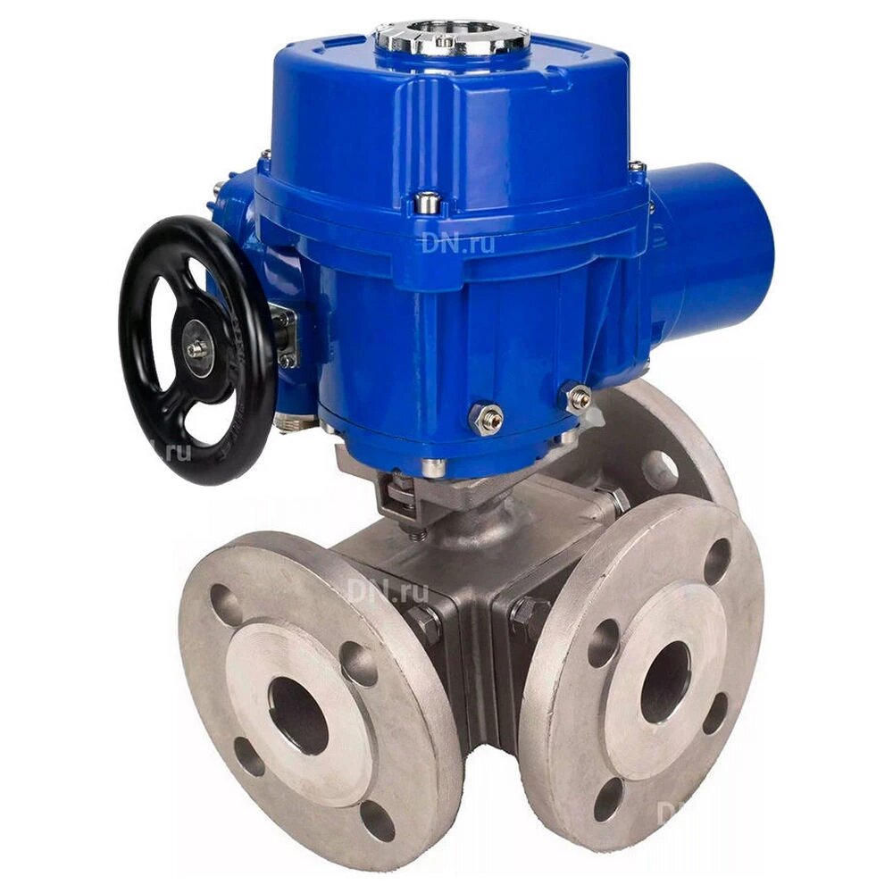 Кран шаровой DN.ru 316-316-PTFE L-тип Ду50 Ру16 полнопроходной трехходовой, нержавеющая сталь SS316, фланцевый, уплотнение - PTFE, с электроприводом четвертьоборотным DN. ru QT-W(M)-005-380 с моментной муфтой и штурвалом