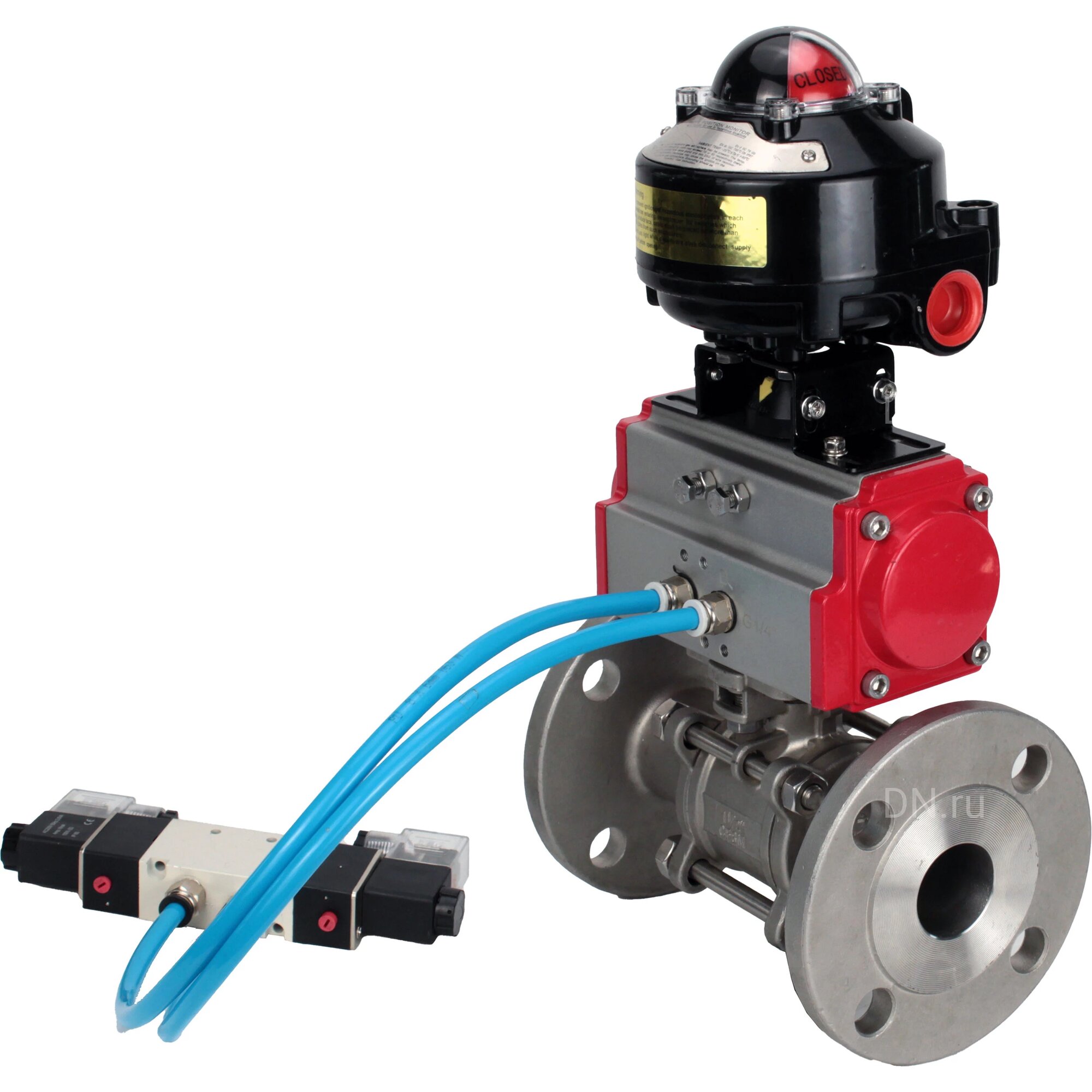 Кран шаровой DN.ru кшфпт 316.180 Ду40 Ру40 фланцевый, полнопроходной, 3-составной, нержавеющая сталь SS316, уплотнение PTFE, с пневмоприводом DA-065 пневмораспределителем PND1-S2EM-52-2-T10-220VAC БКВ LSB-510-02ExM12-250