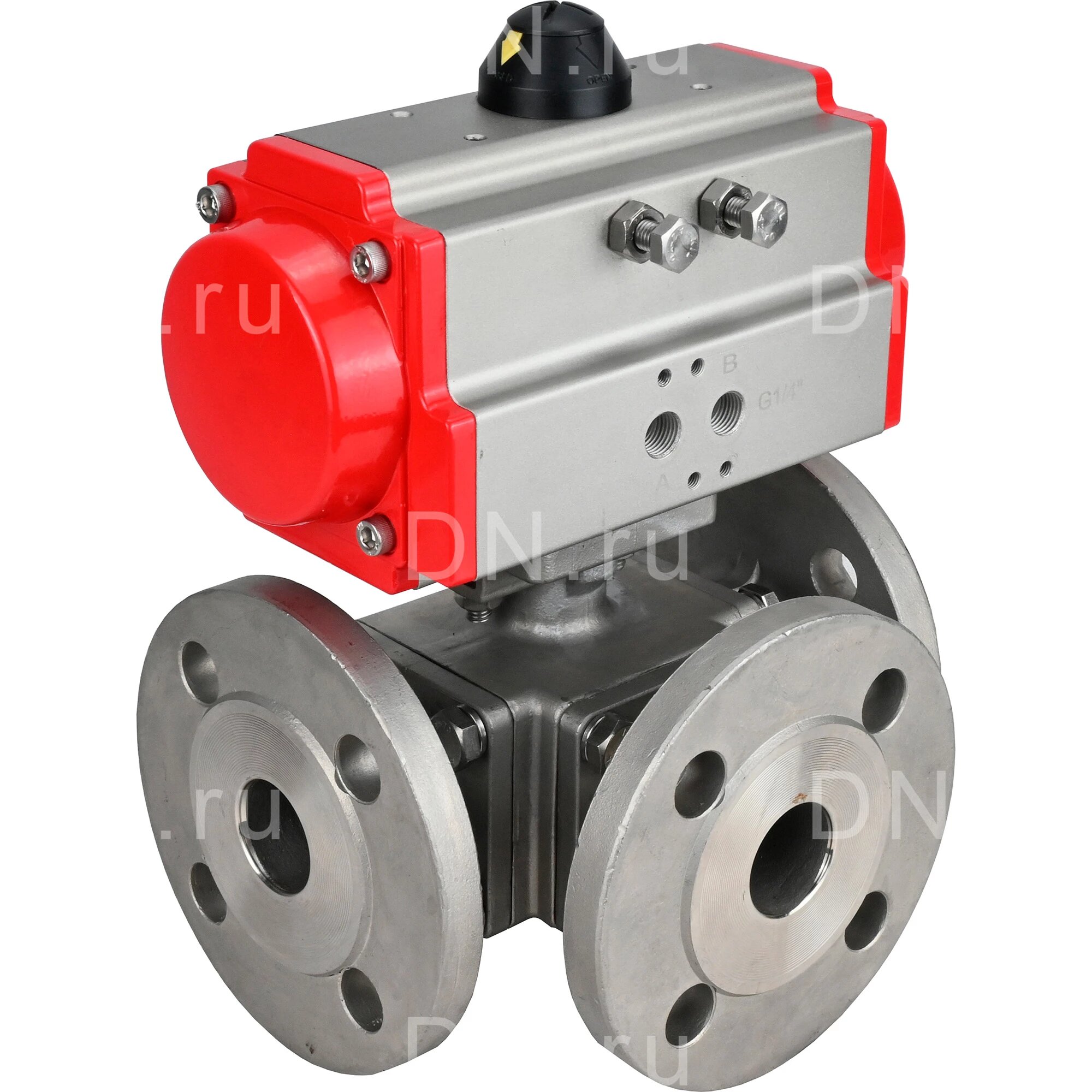 Кран шаровой DN.ru 316-316-PTFE Ду40 Ру16 полнопроходной, тип L, фланцевый, корпус - нержавеющая сталь SS316, ISO-фланец F05/F07 квадрат 14х14, с пневмоприводом DN.ru SA-105 с возвратными пружинами