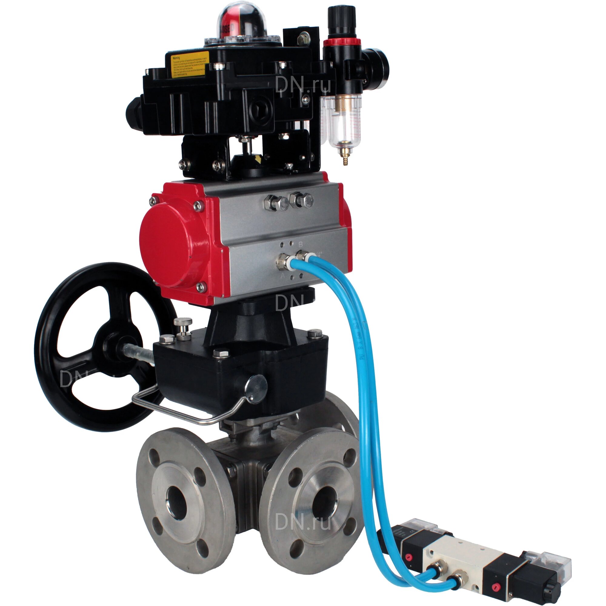 Кран шаровой DN.ru 316-316-PTFE Ду20 Ру16 полнопроходной, тип L, фланцевый, корпус нержавеющая сталь SS316, ISO-фланец F04/F05 квадрат 11х11, с пневмоприводом DA-052, пневмораспределителем S2EM T08-220VAC 220В, БКВ LSB-410-02Ex, ручным дублером HDM-1 и БПВ