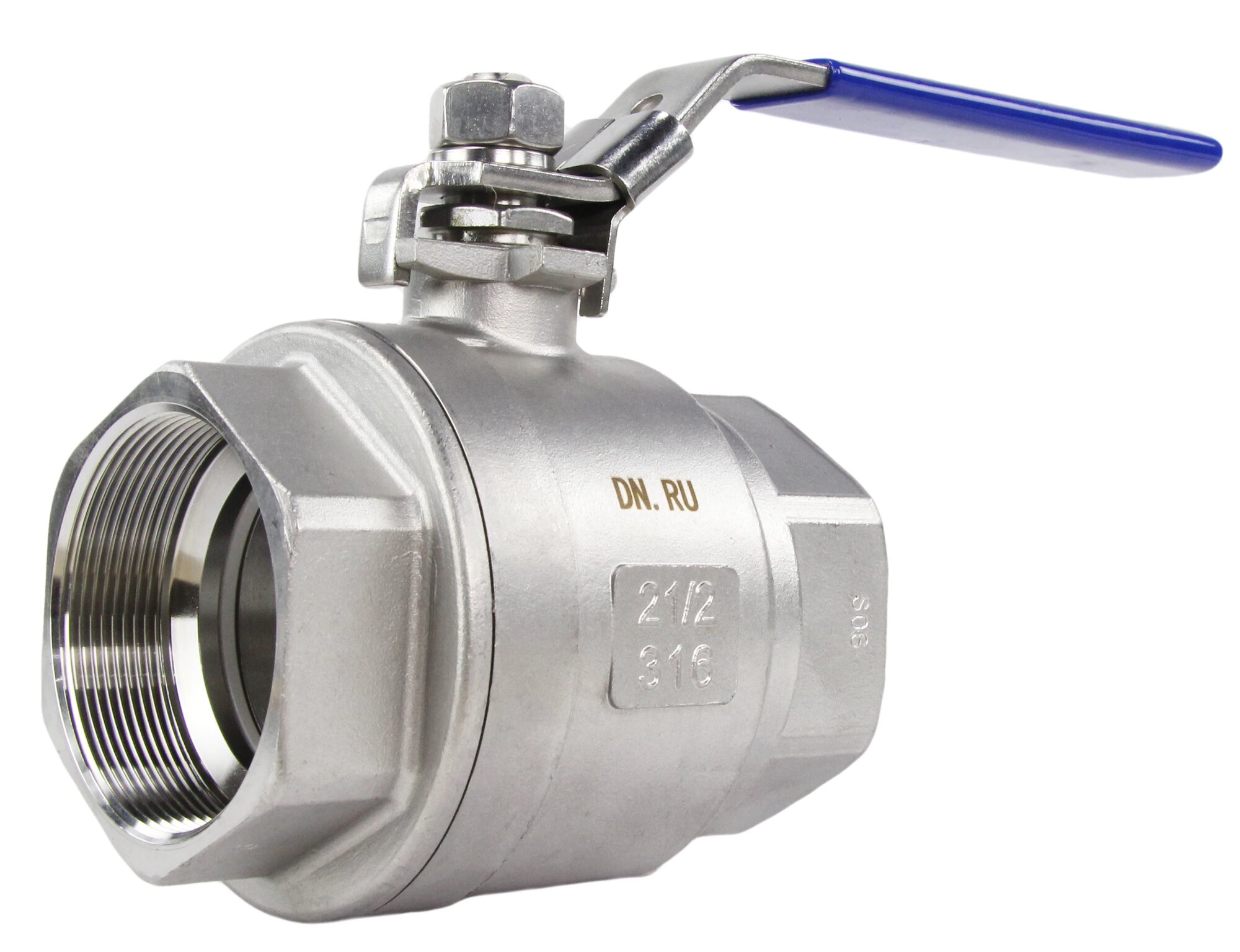 Кран шаровой DN.ru кшмп.316.230 2 1/2ʺ Ду65 Ру40 полнопроходной двухходовой, нержавеющая сталь SS316, внутренняя резьба, уплотнение - PTFE, ручка-рычаг