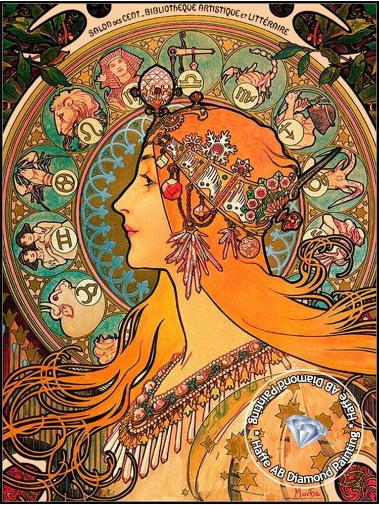 Алмазная Мозаика "Альфонс Мария Муха" 40x50 См Алмазная Вышивка / Картина Стразами Подарков / Украшения