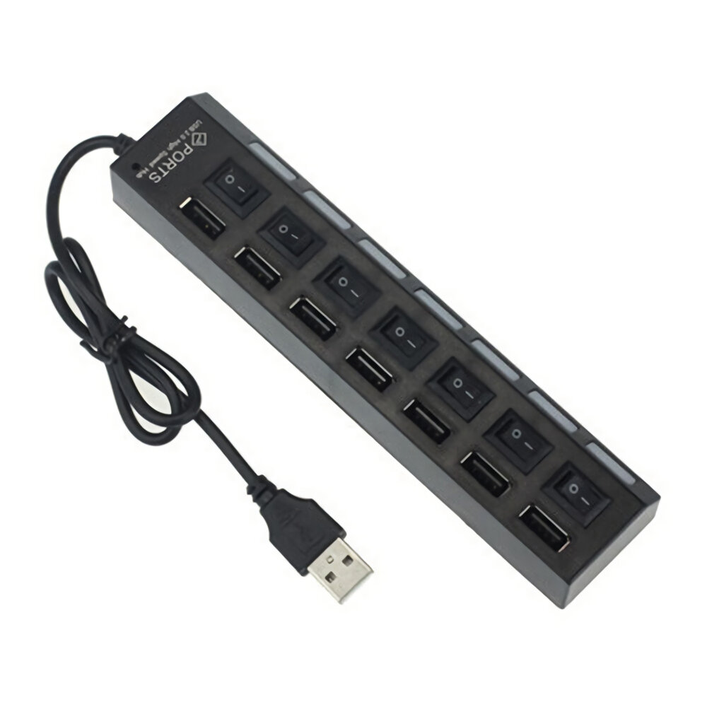Хаб USB 2.0 7 портов, Ультратонкий, Портативный, Данные, Индивидуальные переключатели питания с LED, Мультипортовый сплиттер и экспандер USB 2.0, Совместимый с Windows/Linux/Mac Systems/MacBook Pro/Клавиатура/Игры/USB-устройства, Материал: ABS, Цвет: