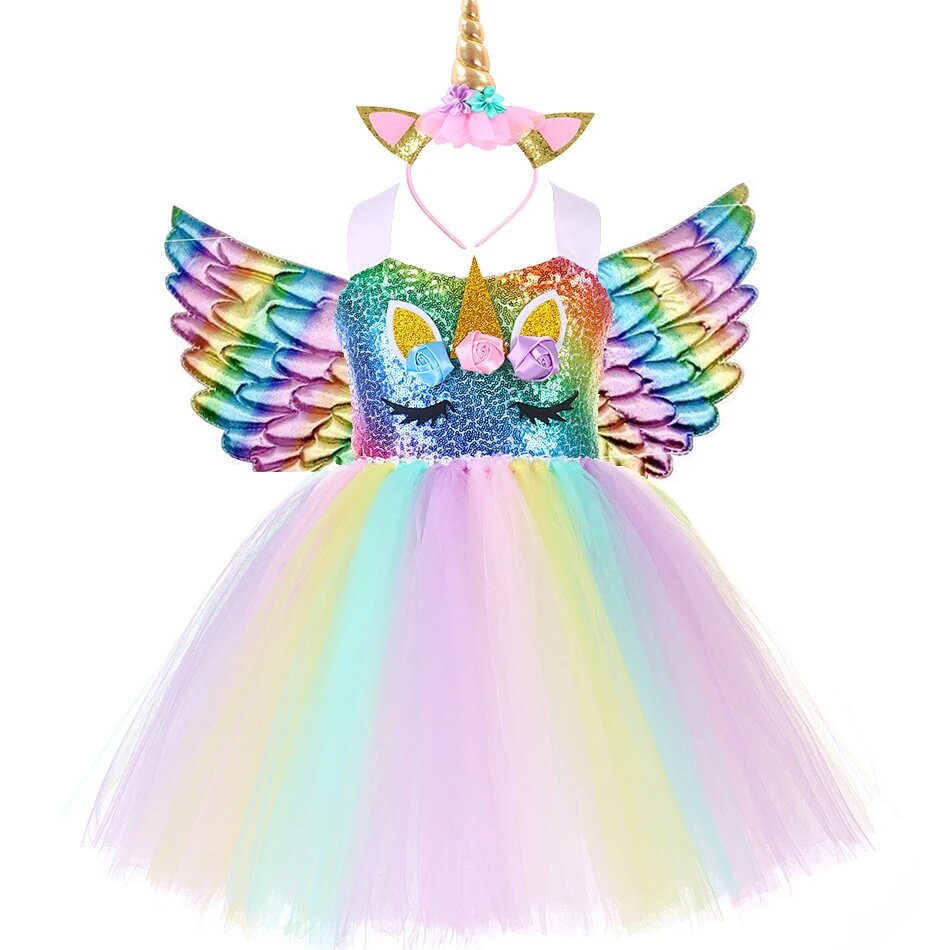 Платье принцессы с единорогом для девочек, блестящая детская мультяшная одежда со светодиодными светящимися крыльями, повязка на голову, костюм для сцены, Хэллоуина