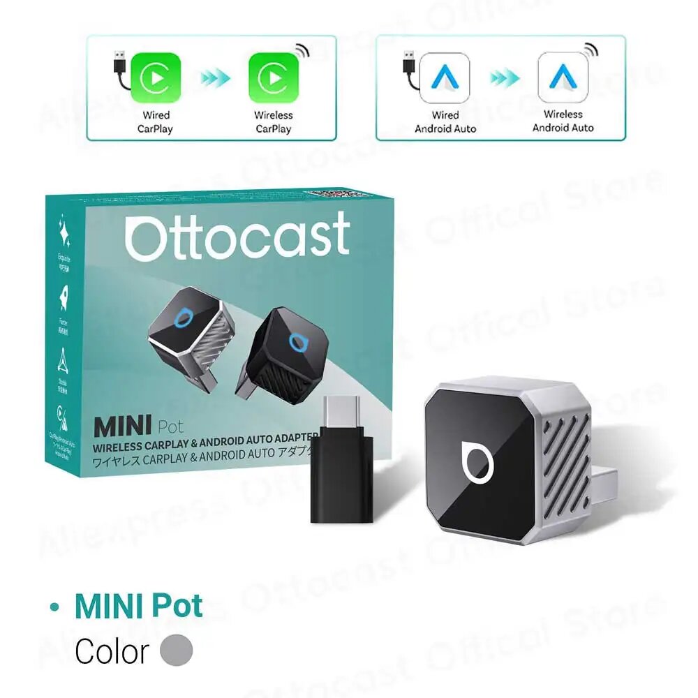 Ottocast MINI Pot Dot Silver, адаптер CarPlay/Android Auto USB A