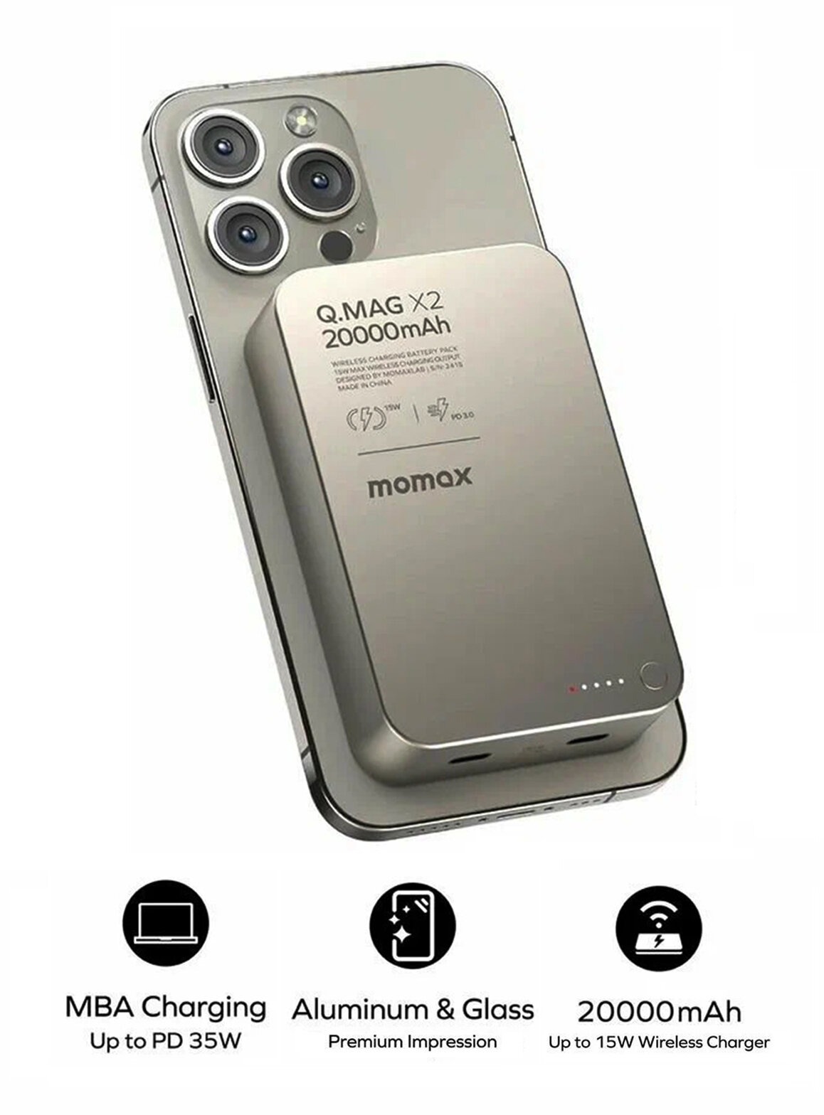 Повербанк MagSafe MOMAX Q.Mag X2 20000 Ультратонкий Titanium Магнитный