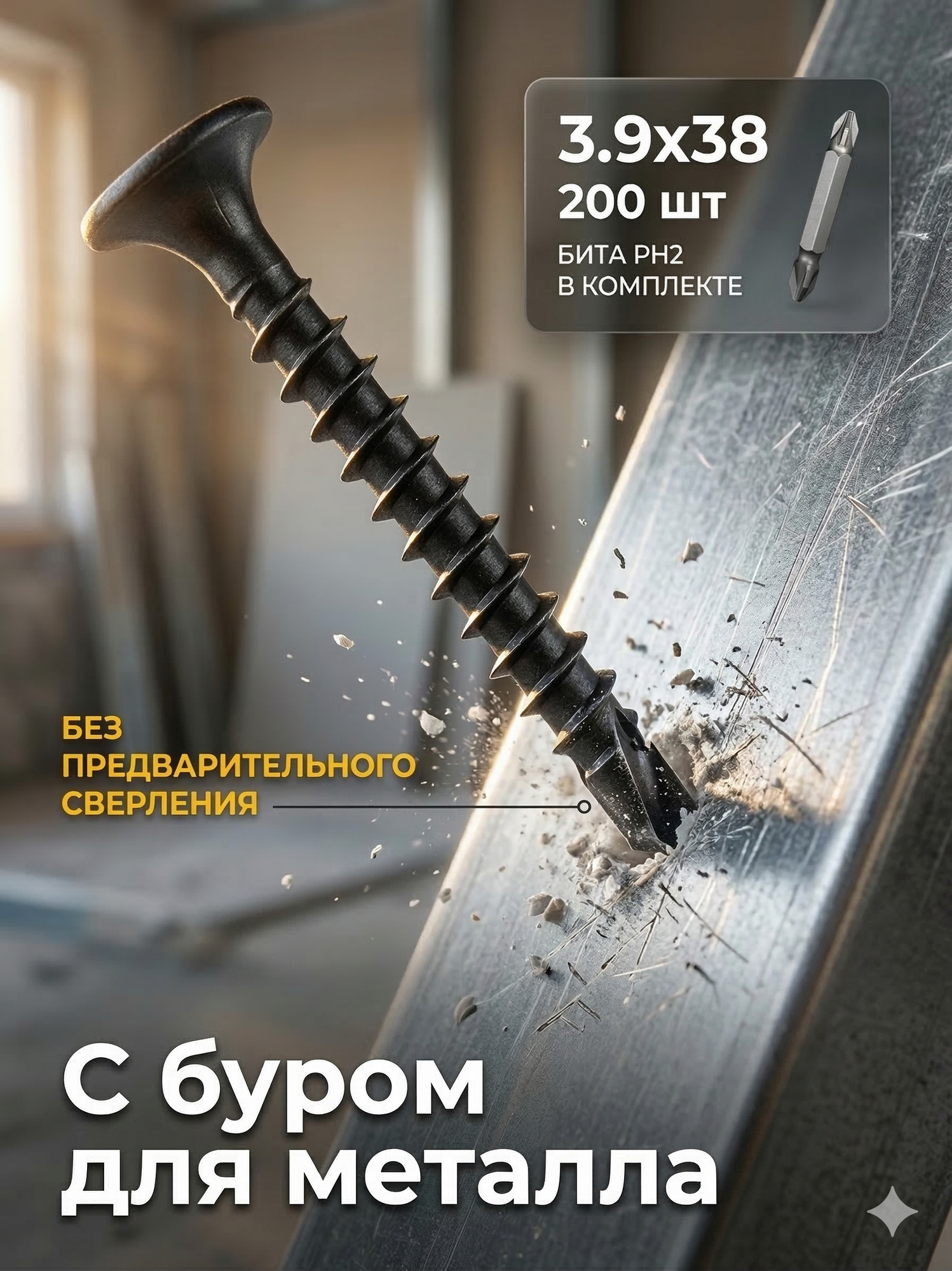 Саморезы по металлу черные для гипсокартона со сверлом 3.9X38, 200 штук