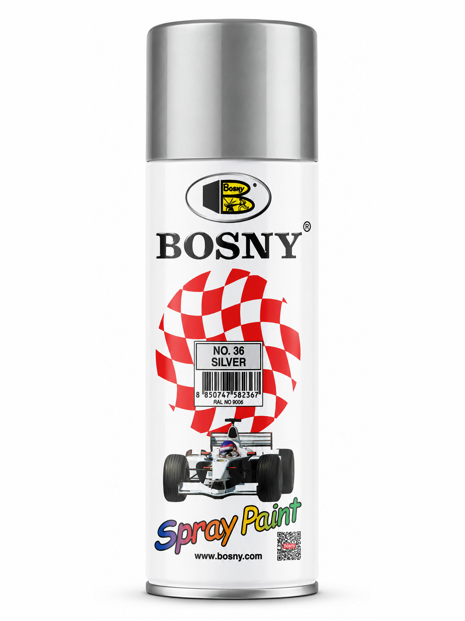 Краска акриловая аэрозольная Bosny Серебряный RAL 9006 NO.36 глянцевая 520 мл