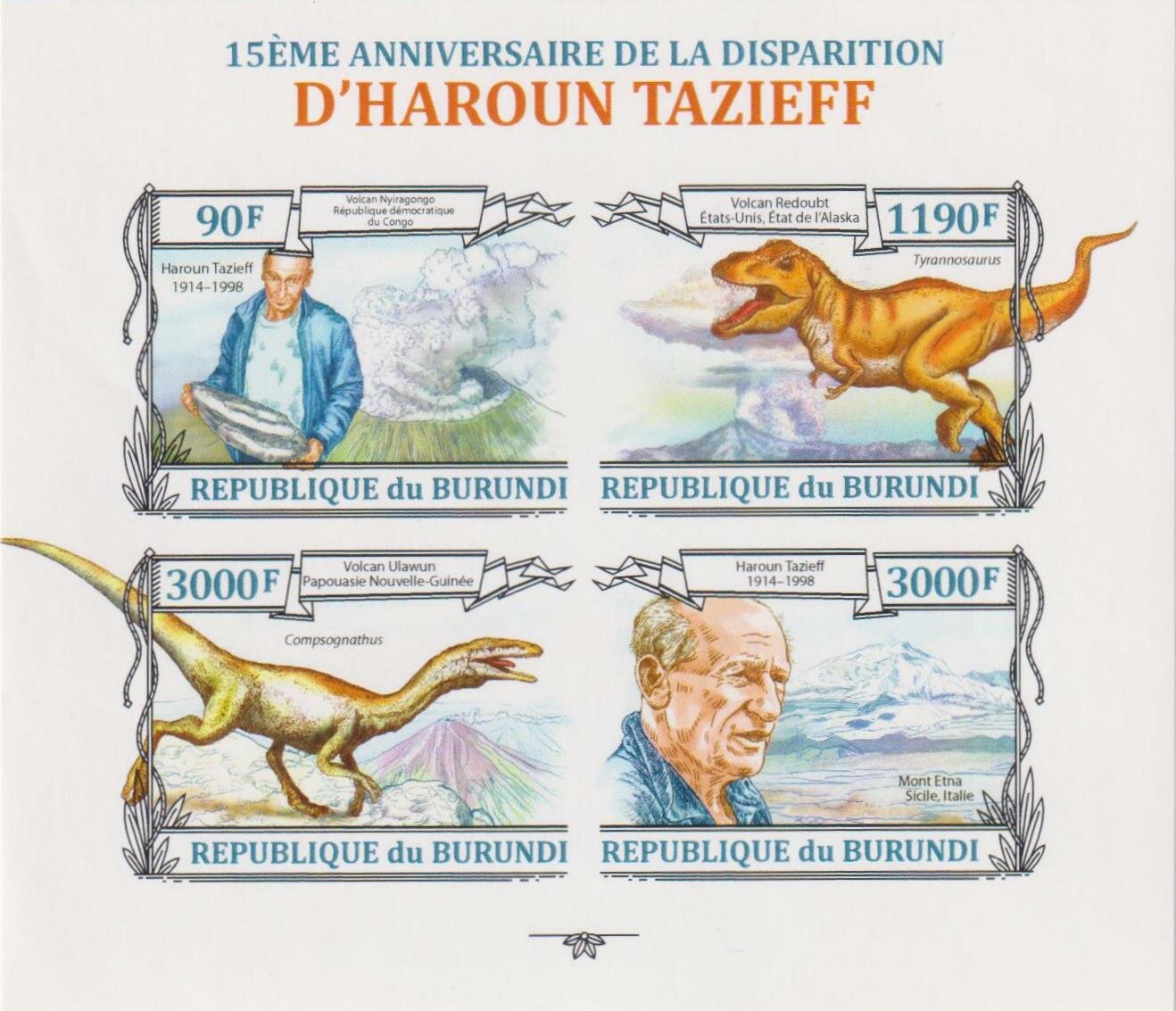 Почтовые марки Бурунди 2013г. "15 лет со дня рождения Гаруна Тазиева" Динозавры, Ученые MNH