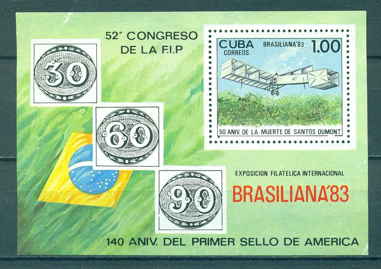 Почтовые марки Куба 1983г. "Международная выставка марок Brasiliana 83 - Самолет" Флаги, Авиация, Самолеты MNH