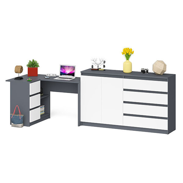 Стол компьютерный Мори МС-16 левый + Комод МК1600.1, цвет графит/белый