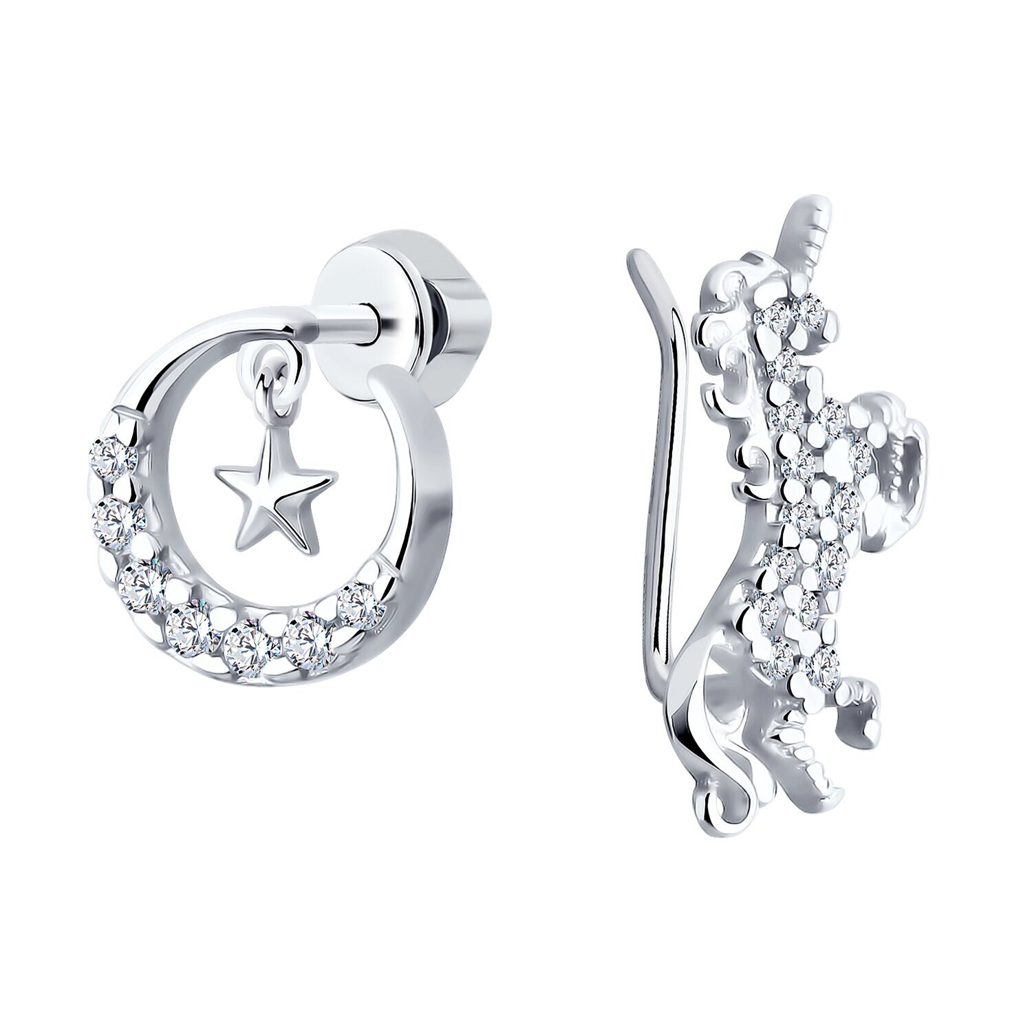 Серьги непарные, серебро, 925 проба, фианит