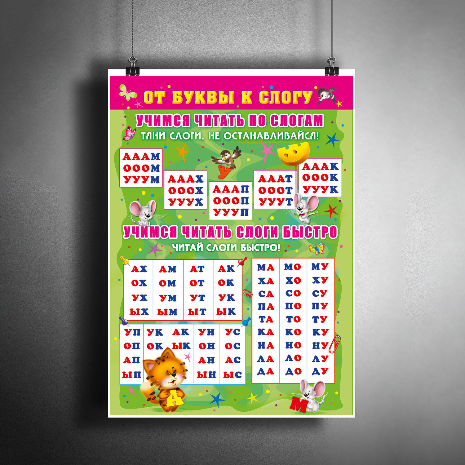 Постер плакат для интерьера "Учимся читать: от буквы к слогу. Дошкольное Чтение" / A3 (297 x 420 мм)