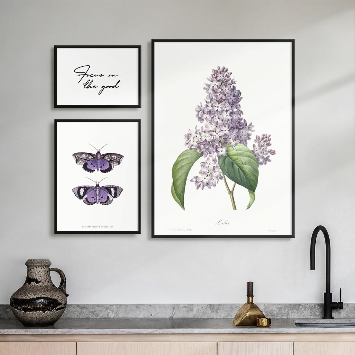 Набор постеров 3 шт "Бабочки и сирень" плакат для интерьера, картина на стену