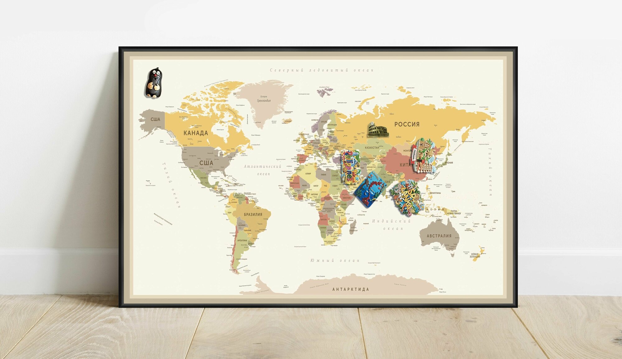 Магнитная доска, "Карта мира бежевая", с матовым полимерным покрытием, для хранения магнитов, для дома и офиса, в тонком алюминиевом багете, 60х40 см