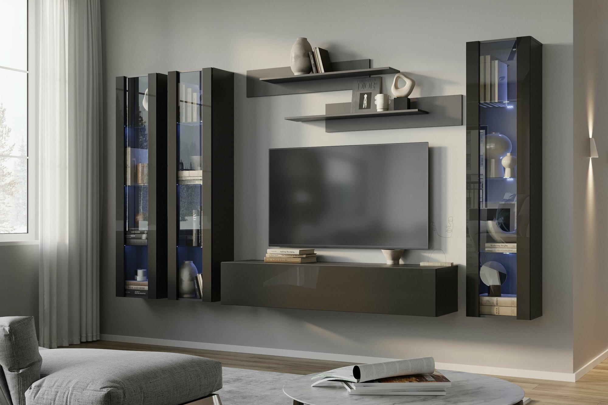 Стенка для гостиной POINT-К14B, модульная гостиная, тв тумба подвесная, Черный Глянец, 360х170х40 см. (ШхВхГ)