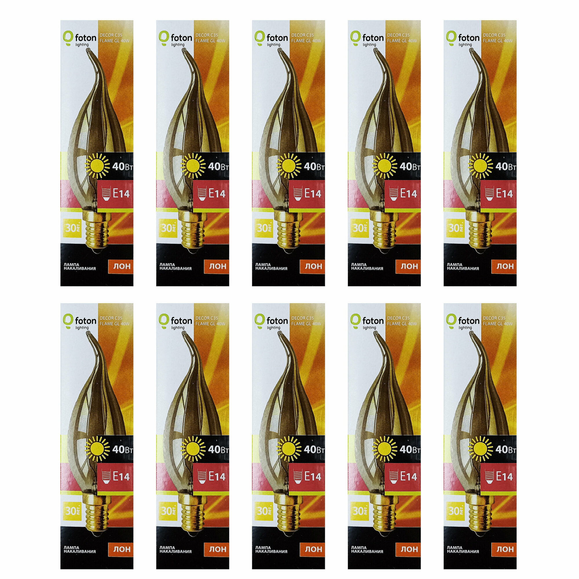 10шт/уп. Лампа Накаливания Свечка 40Вт 220V E14 D-35mm L-120mm Диммируемая Свет Теплый белый Foton Lighting, уп. 10шт