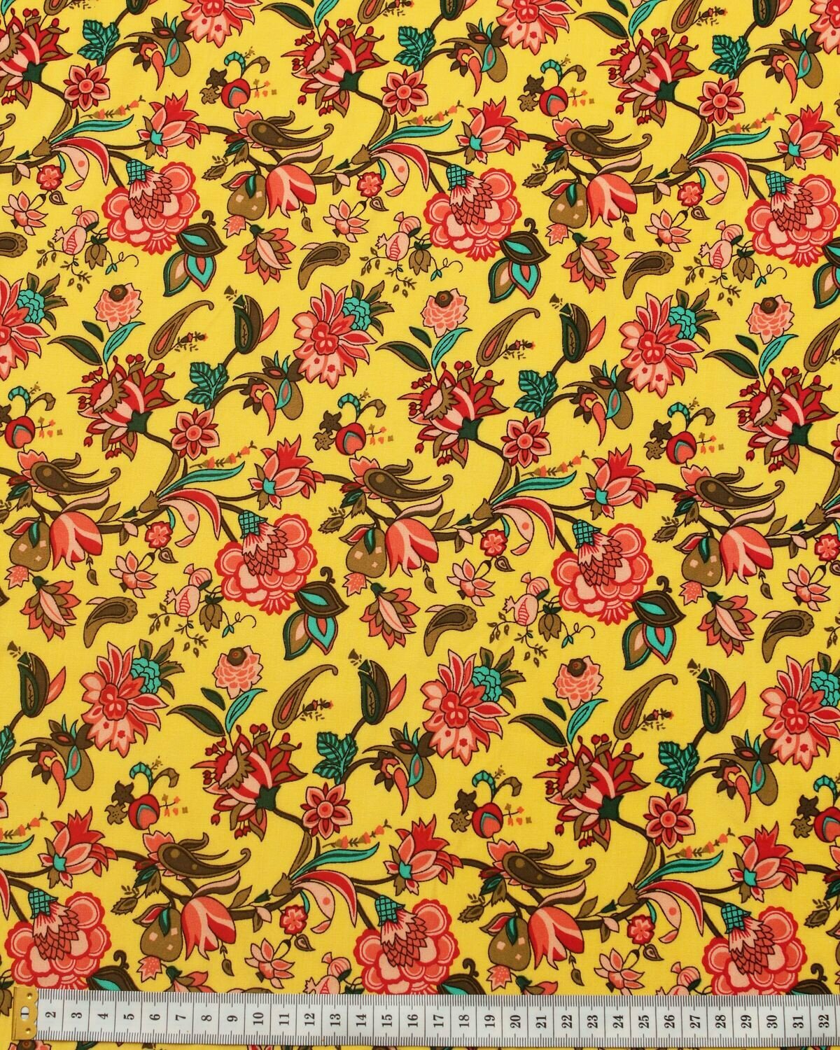 Ткань Вискоза плательная яркий цветочный узор на жёлто-горчичном фоне, ш144см, 0,5 м