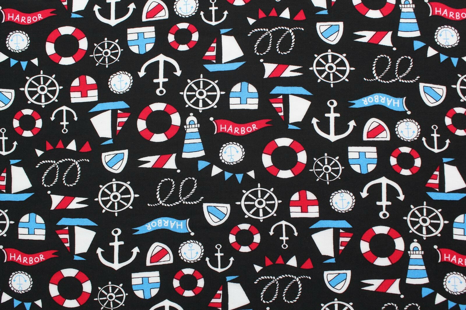 Ткань Вискоза плательная морской рисунок на чёрном фоне, ш140см, 0,5 м