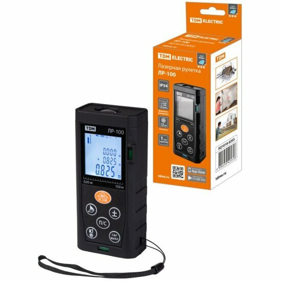Лазерная рулетка Tdm Electric ЛР-100, дальность 100 м, точность 2 мм, подсветка, IP54, 2хAAA, “Алмаз”, SQ1018-0203