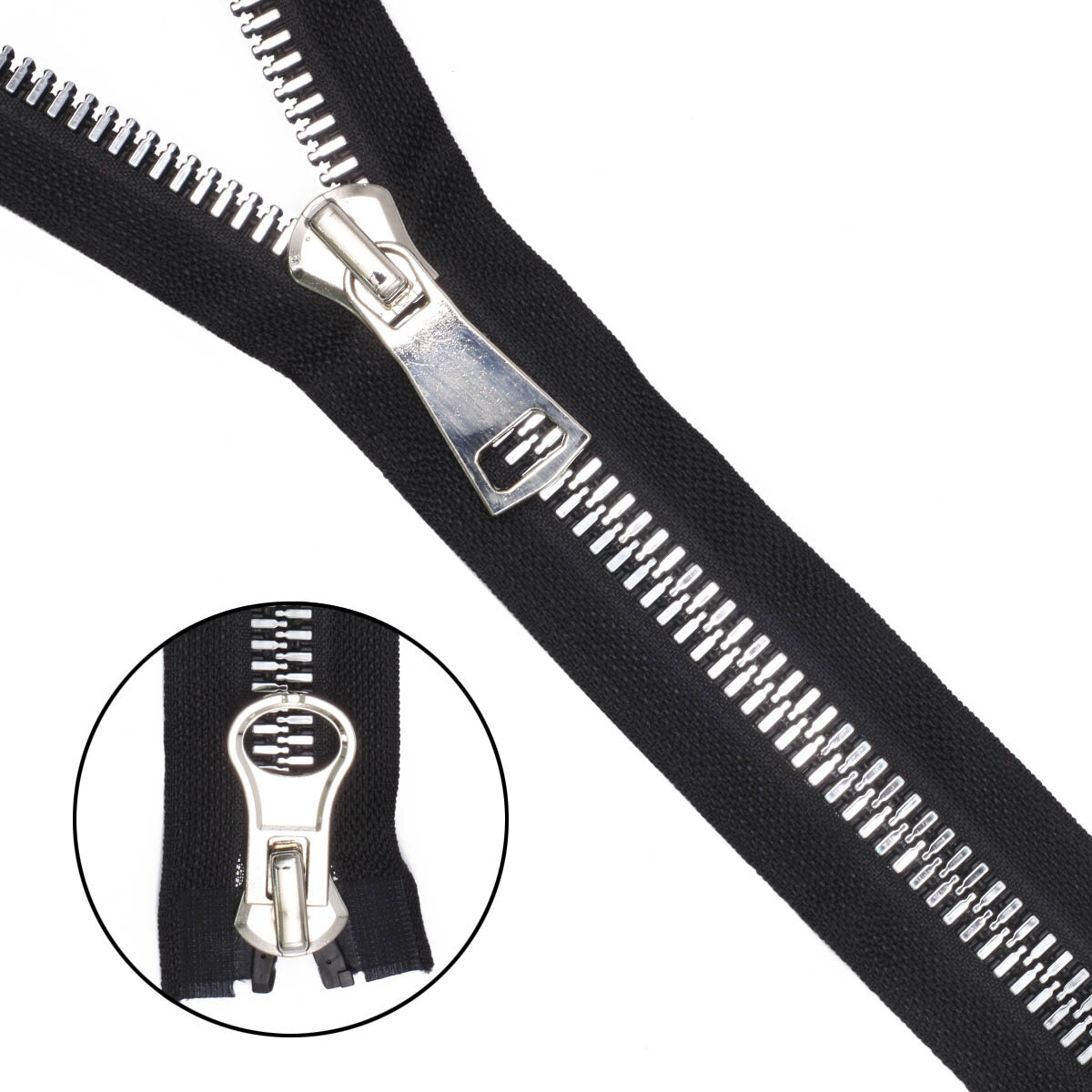 Молния трактор Т10, 2 замка, декоративное звено, 100 см (никель, черная), 5 шт