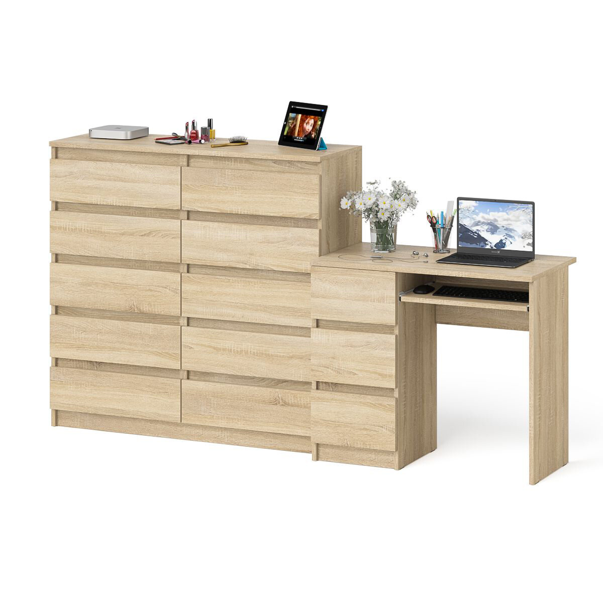 Компьютерный стол СВК Мори с тремя выдвижными ящиками левый с комодом 10-ть ящиков цвет дуб сонома, 210,4х50х115 см.