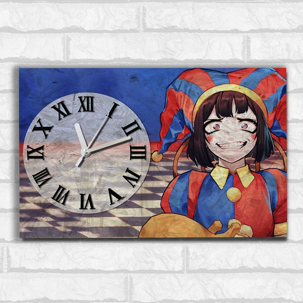 Настенные бесшумные часы ОСБ со смещенным циферблатом Мультфильм The Amazing Digital Circus (Удивительный цифровой цирк Глитч хоррор, Помни, шут, клоун, рагата) - 855