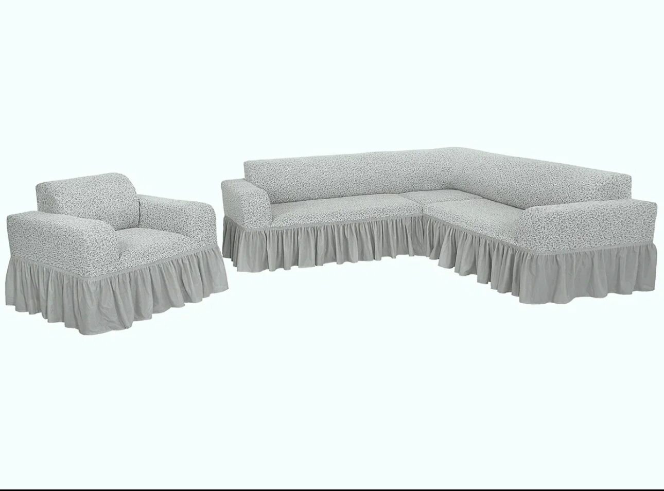 Жаккардовый чехол на угловой диван и одно кресло с юбкой, Универсальный чехол на угловой диван и 1 кресло, Дивандек, Покрывало на угловой диван