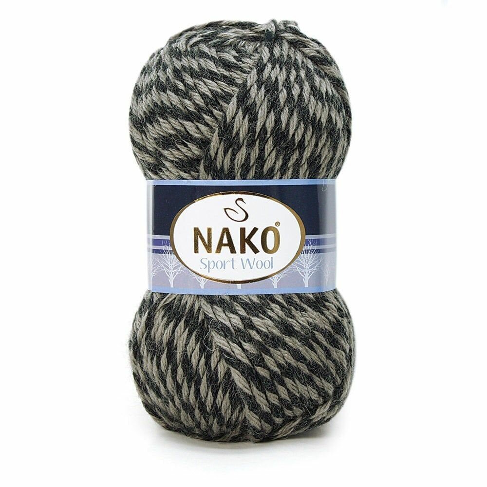 Пряжа Sport wool Nako, св. серый/тем. серый меланж - 21342, 25% шерсть, 75% премиум акрил, 5 мотков, 100 г, 120 м.