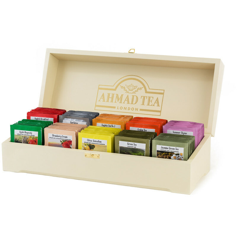 Подарочный набор чая Ahmad Tea "Коллекция", 10 видов, 100 фольг. пакетиков, деревянная шкатулка, 260761