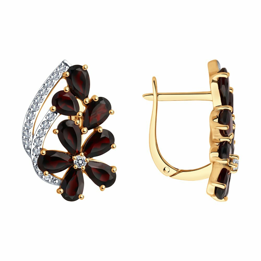 Серьги, красное золото, 585 проба, фианит, гранат