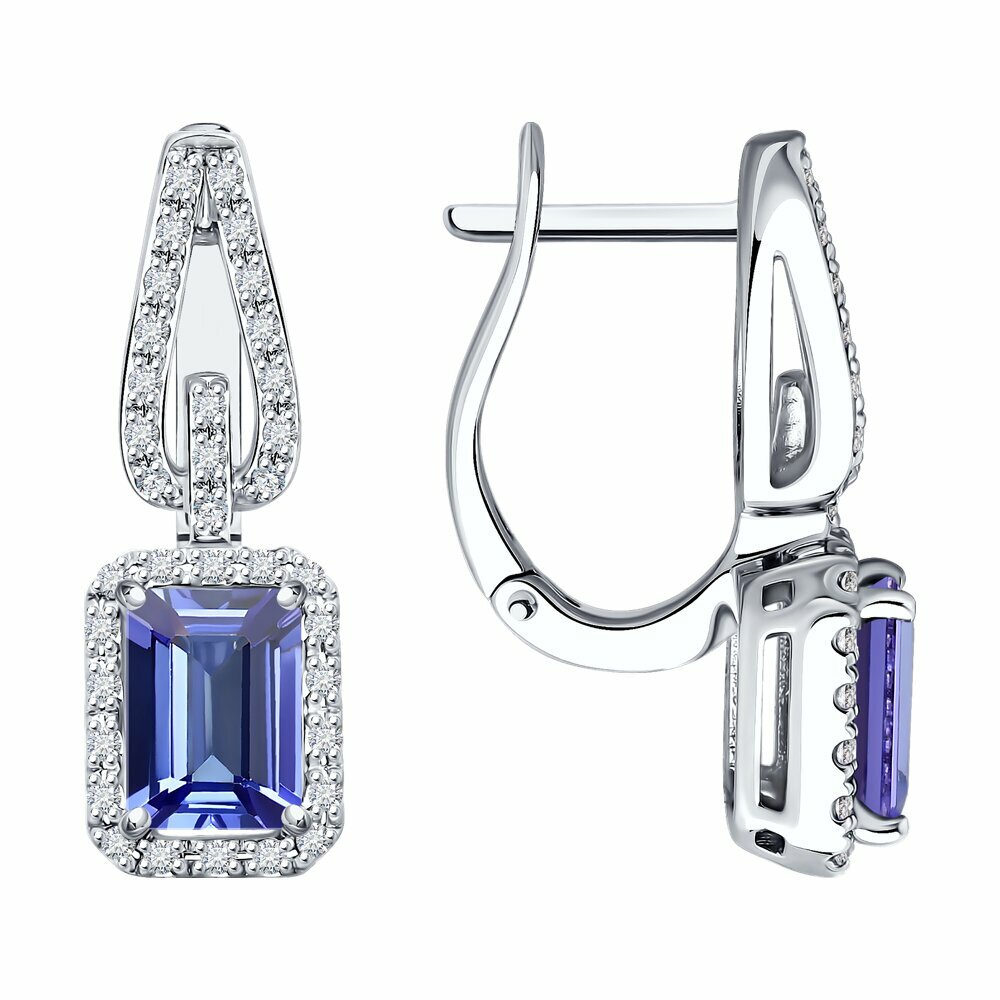 Серьги, белое золото, 585 проба, бриллиант, танзанит