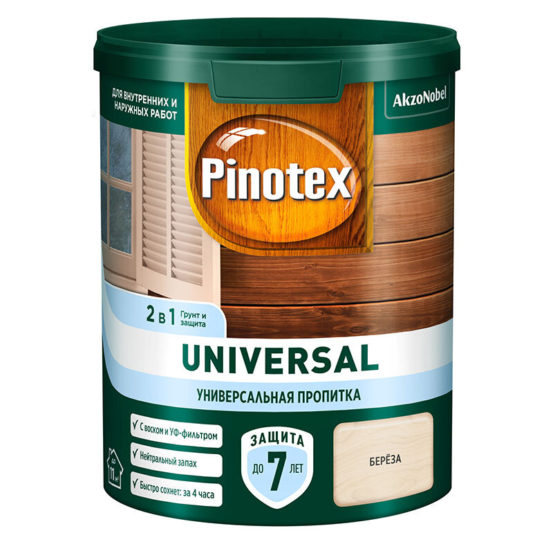 Пропитка PINOTEX UNIVERSAL 2 в 1 для защиты древесины, на водной основе, береза 0,9л