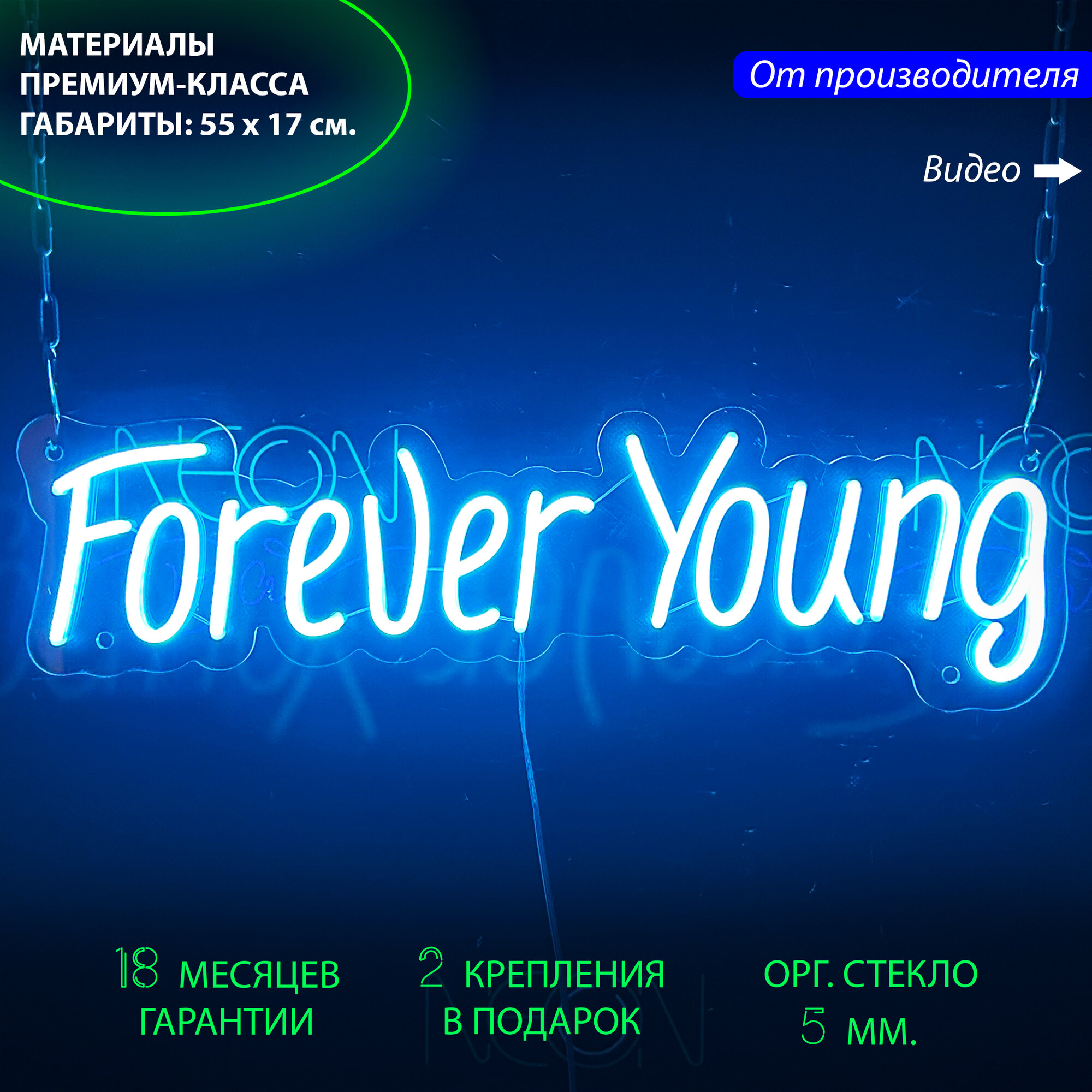 Неоновый светильник, неоновая светодиодная вывеска на стену, настенная неоновая лампа, надпись "Forever young" для дома и бизнеса, 55 х 17 см.