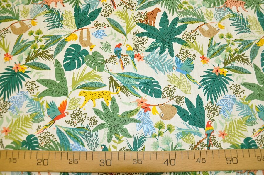 Ткань хлопковая рисунок пальмы, попугаи и леопарды упаковка 2,50 м (к-46)