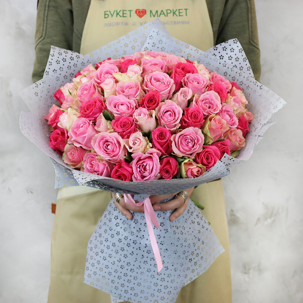 Букет живых цветов Букет Маркет, монобукет, роза, кенийская, 75 цветов, высота 50 см