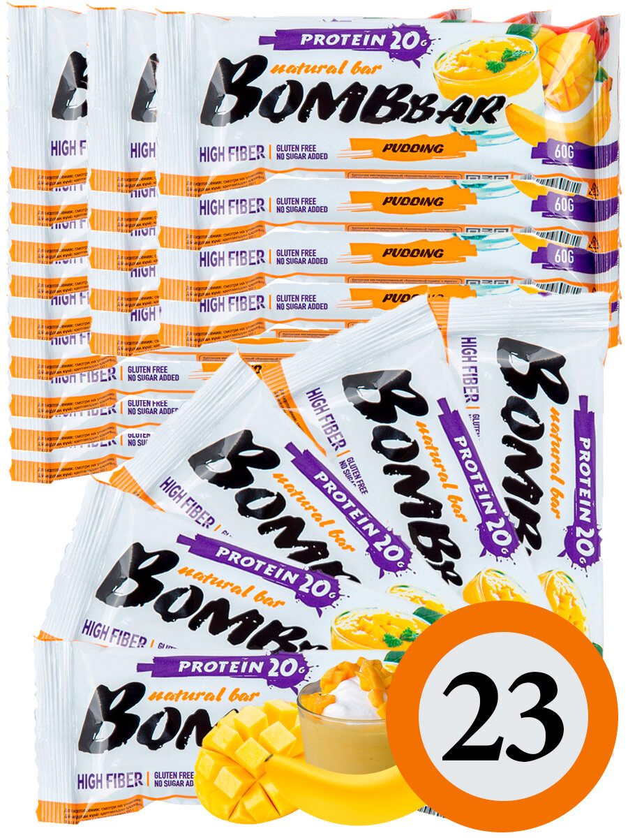 Протеиновый батончик BombBar Protein Bar 23 x 60 г, Пудинг с ароматом манго и банана
