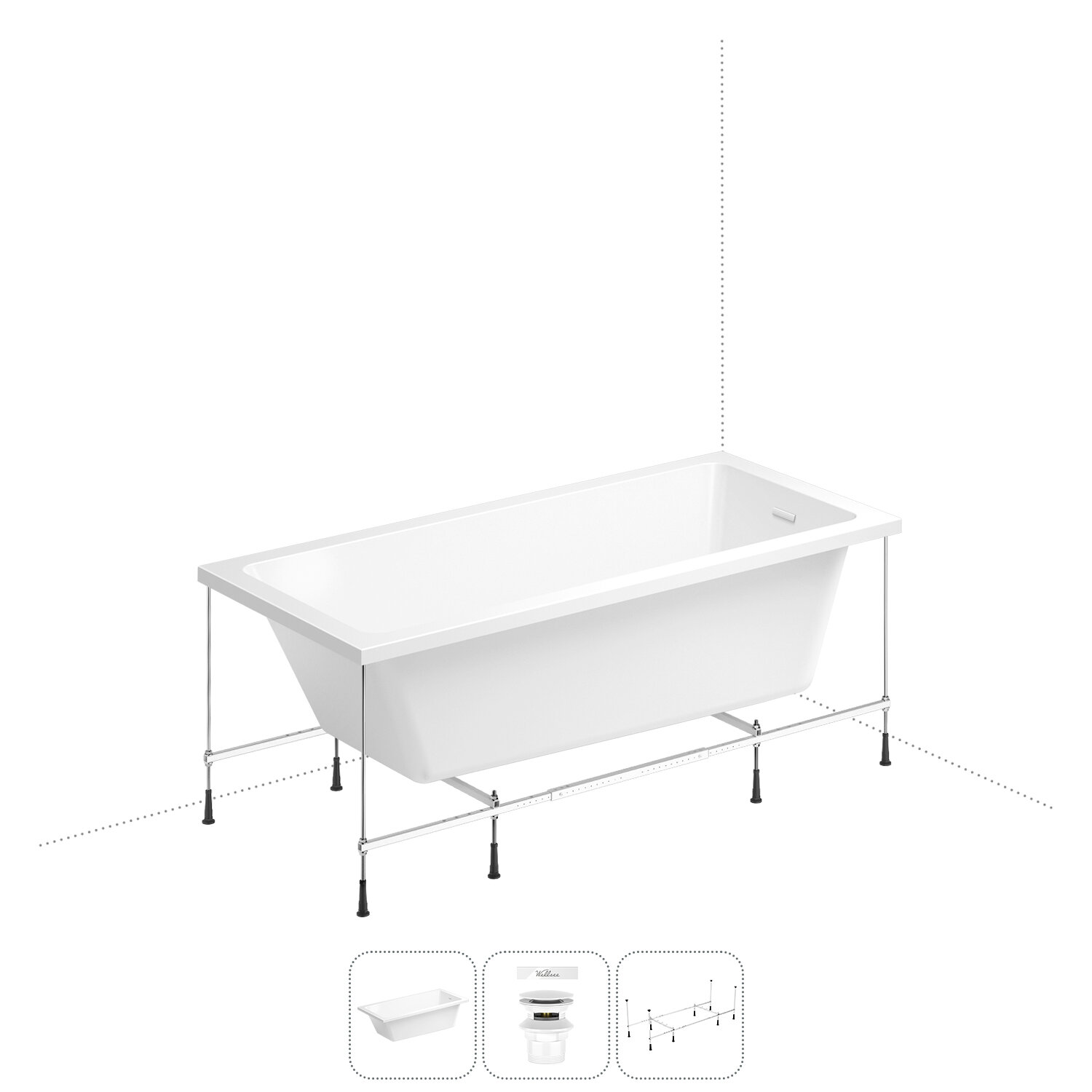 Акриловая ванна 150х80 с каркасом Wellsee FreeDom 2.0 20212772R в наборе 3 в 1: ванна акриловая 150 х 80 см в цвете белый глянец, слив-перелив глянцевый белый, каркас
