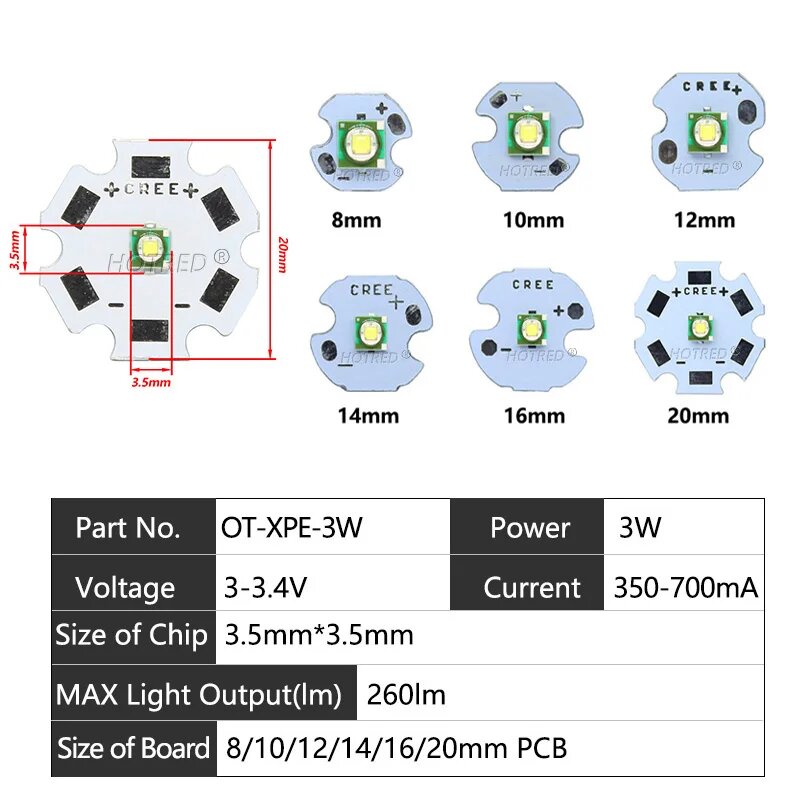 LED 3W XPE LED 3V, 16mm PCB, 260lm
