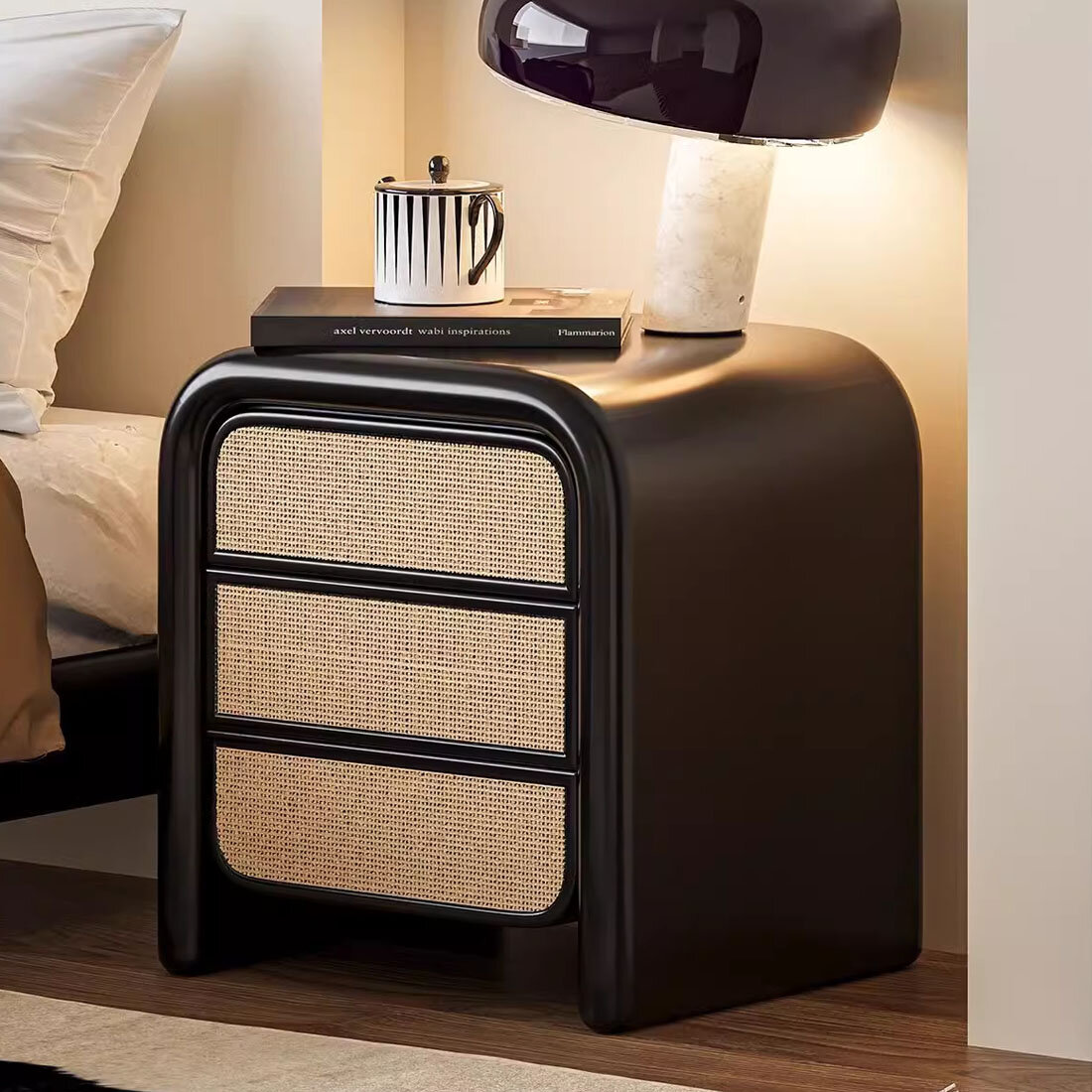 Прикроватная тумбочка в японском стиле Retro Rattan (черный)