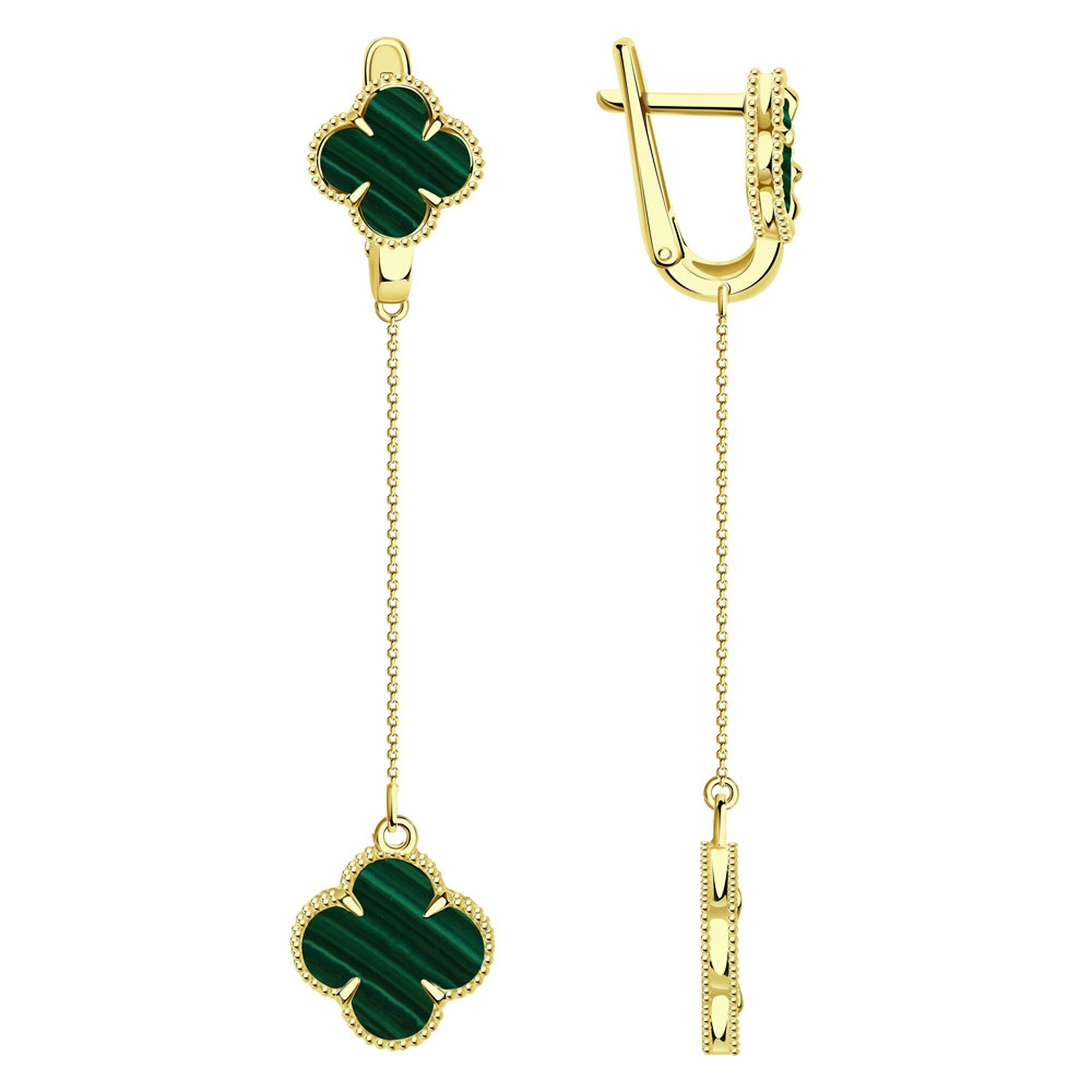 Серьги, желтое золото, 585 проба, малахит