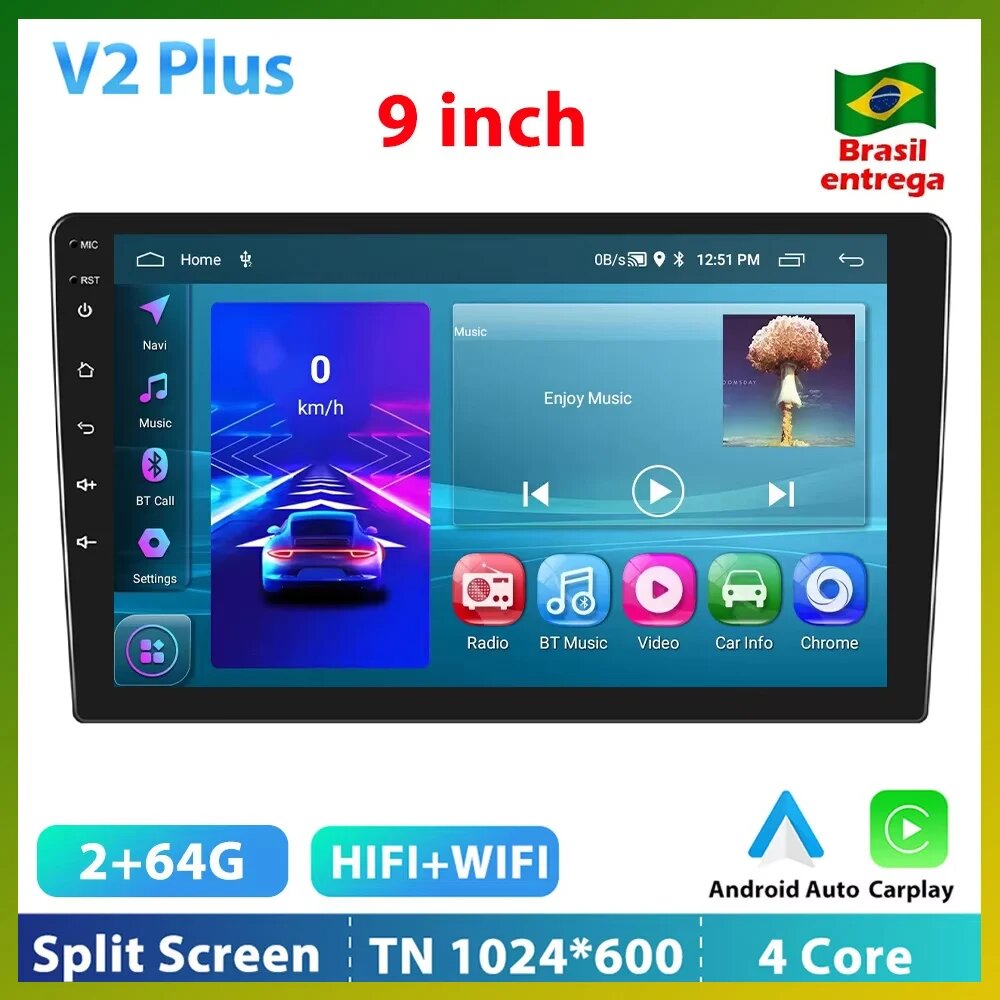 Podofo Android 12 Автомобильный радиоприемник Androidauto Carplay 2 Din GPS 9Inch 2 64G Carplay