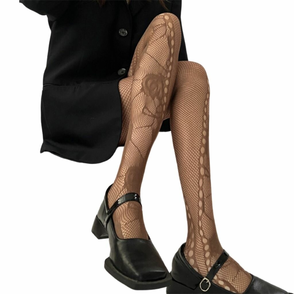 Полые колготки y2k из жаккардового кружева неправильной формы-кофейного цвета